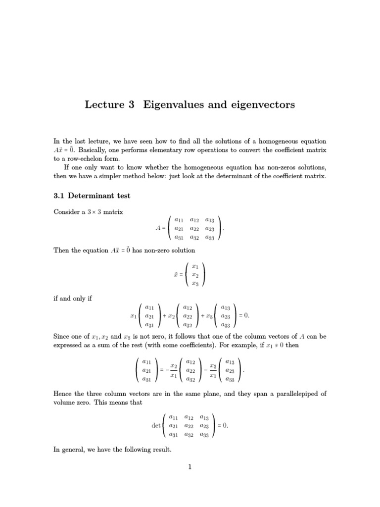 Lecture 3 Eigenvalues And Eigenvectors 3 1 Determinant Test Pdf Eigenvalues And