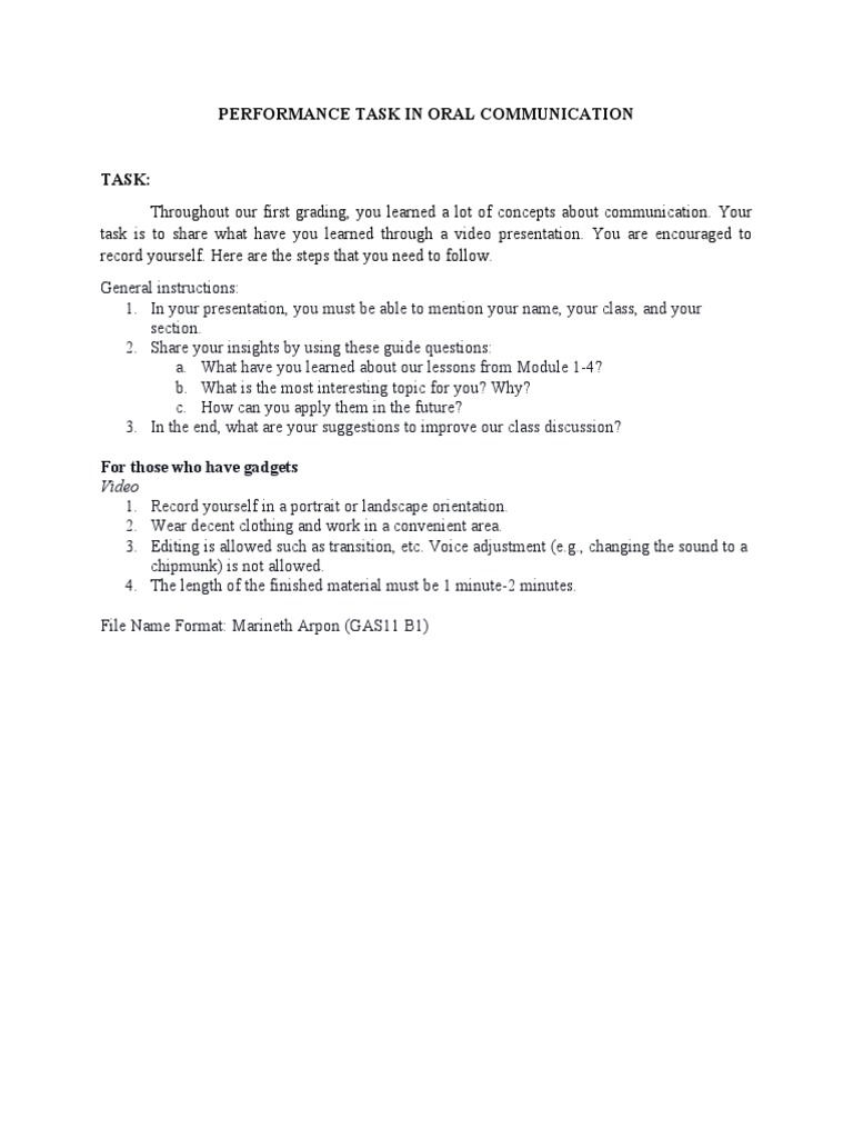 Oral Communication Performance Task Q1 | PDF
