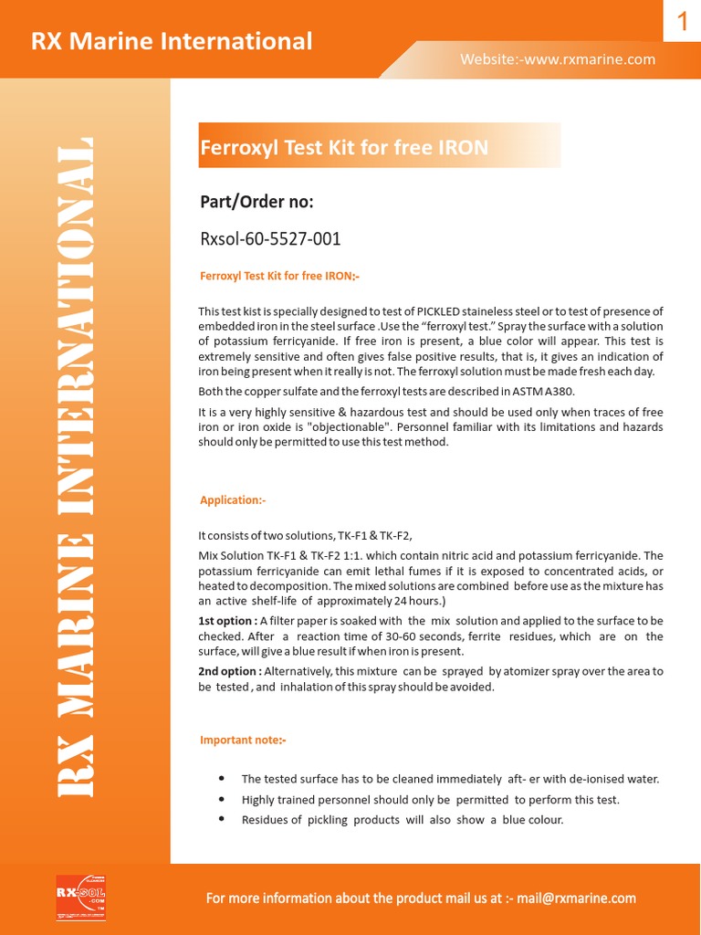 Ferroxyl Test Kit for Free Iron Detection | PDF | Iron | Stainless Steel