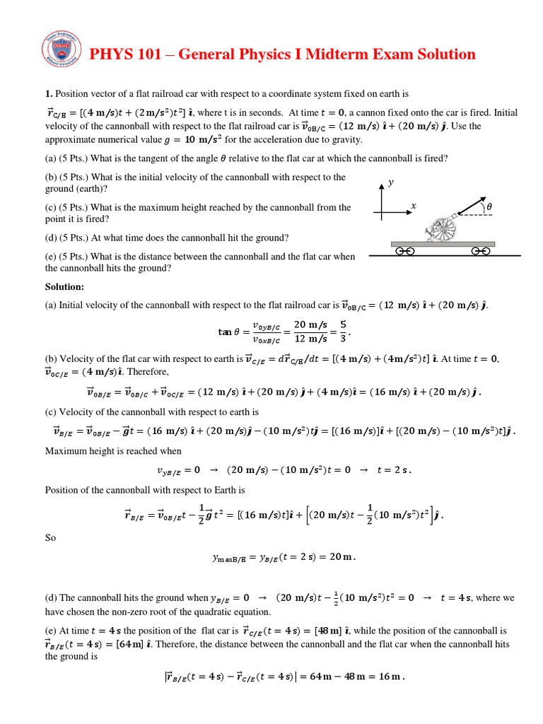 PHYS 101 - General Physics I Midterm Exam Solution | PDF | Force | Friction