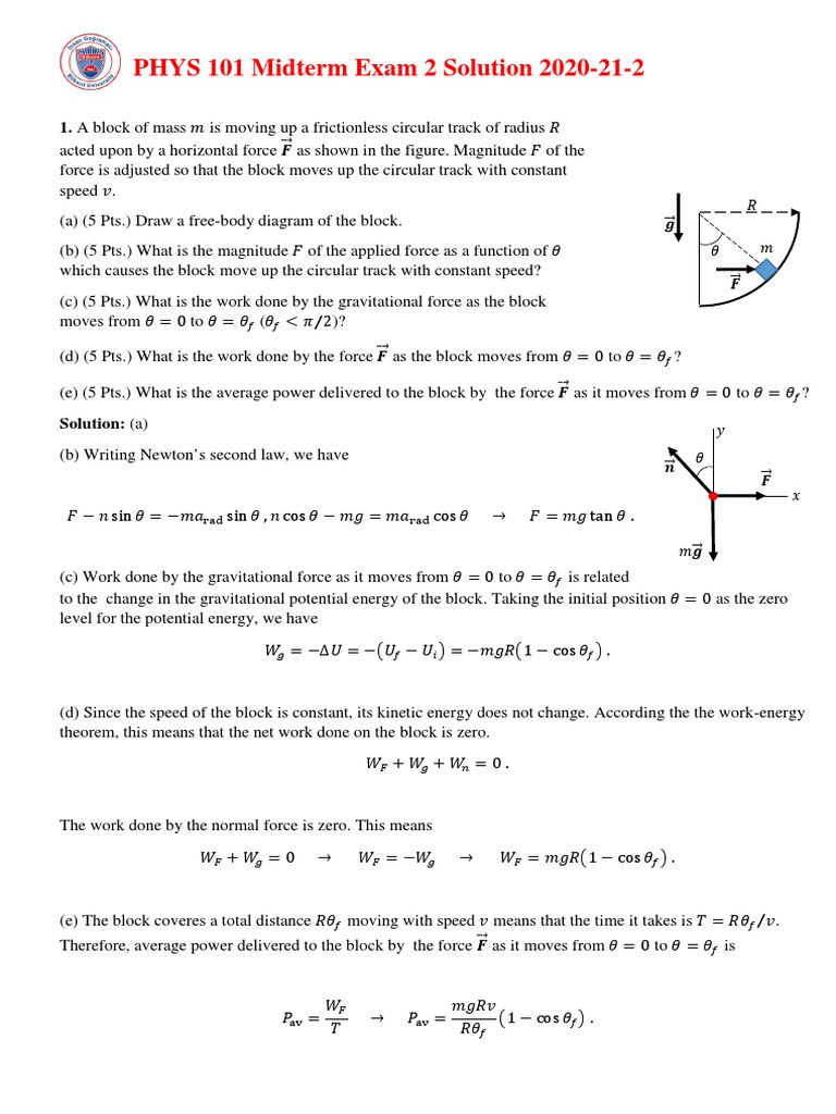 PHYS 101 Midterm Exam 2 Solution 2020-21-2: 1. A Block of Mass | PDF ...