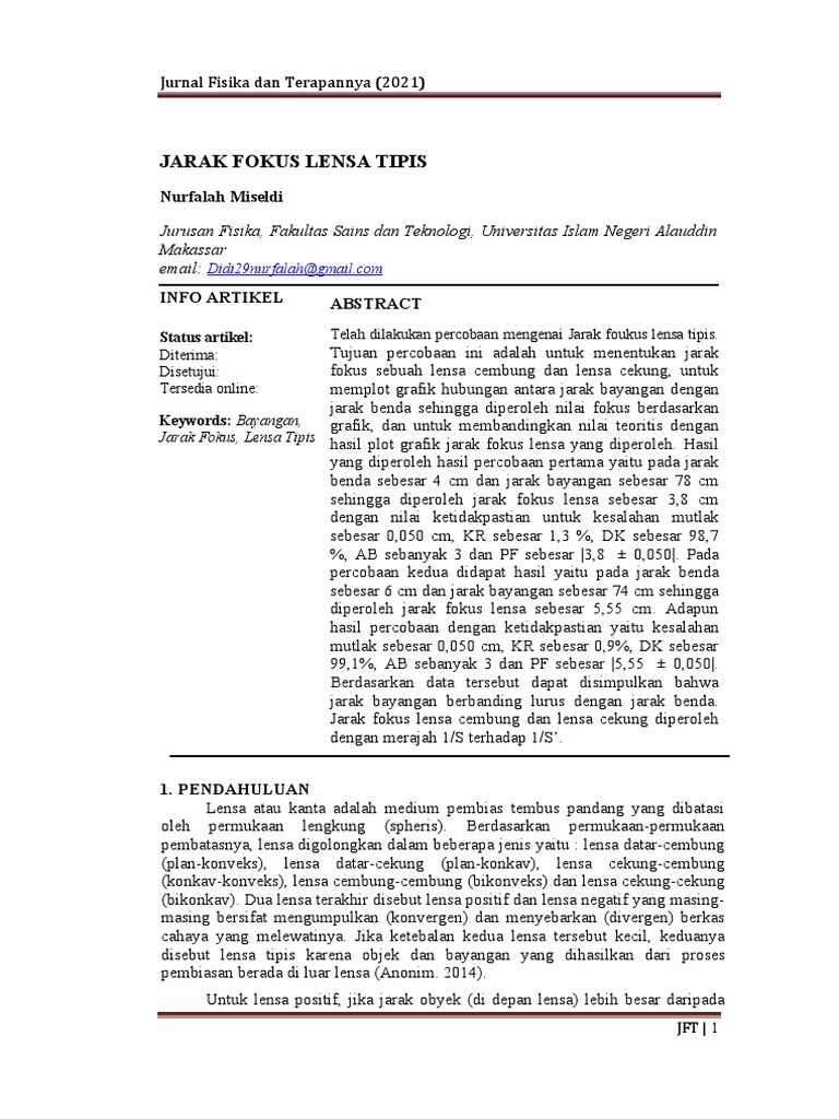 Jarak Fokus Lensa Tipis | PDF