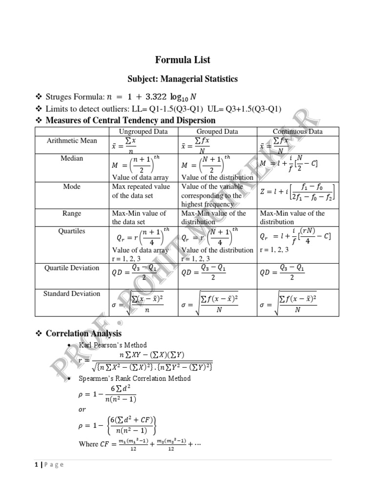 Managerial Statistics Formula Sheet | PDF | Regression Analysis ...