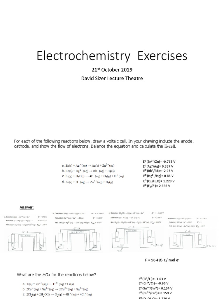 Electrochemistry Exercises - Solutions | PDF | Electrochemistry | Physical Sciences
