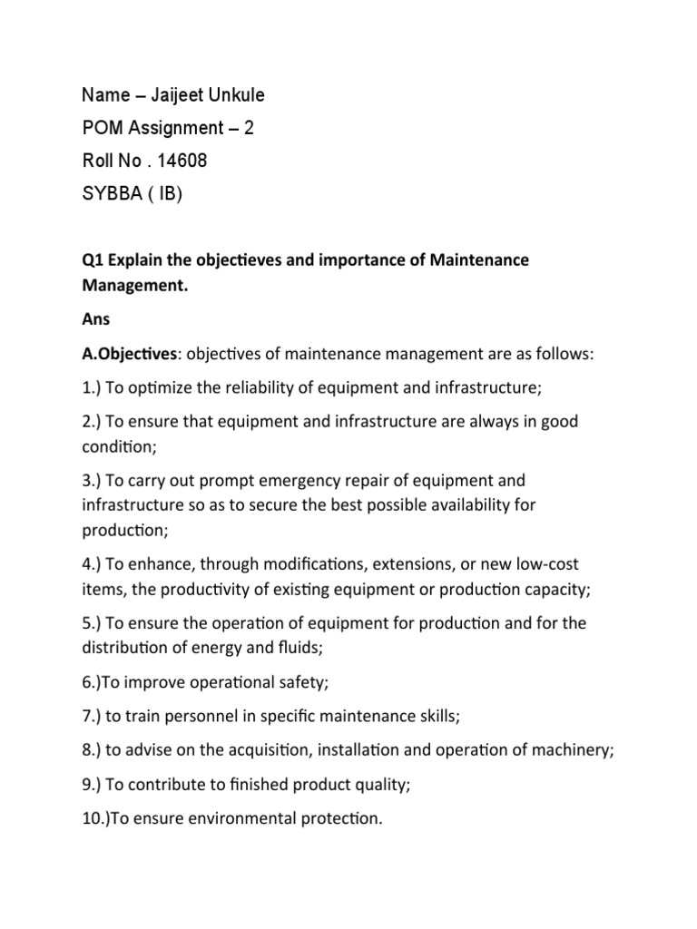 Q1 Explain The Objectieves and Importance of Maintenance Management ...