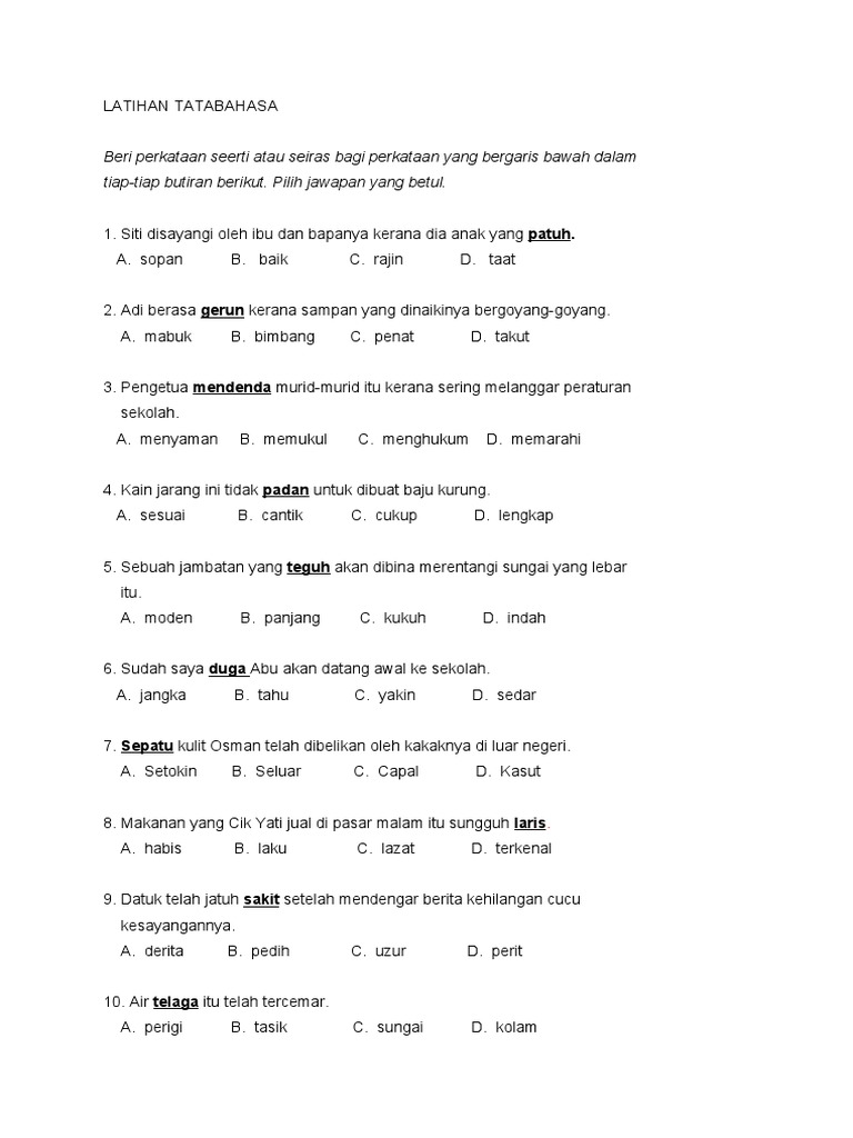 LATIHAN TATABAHASA Sinonim Objektif | PDF