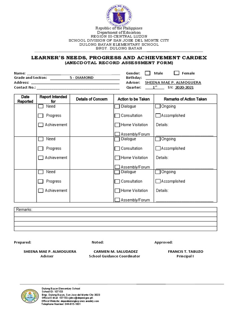 Learner'S Needs, Progress and Achievement Cardex: (Anecdotal Record Assessment Form) | PDF