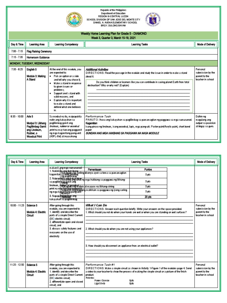 Weekly Home Learning Plan for Grade 5 Students at Daniel A. Avena ...
