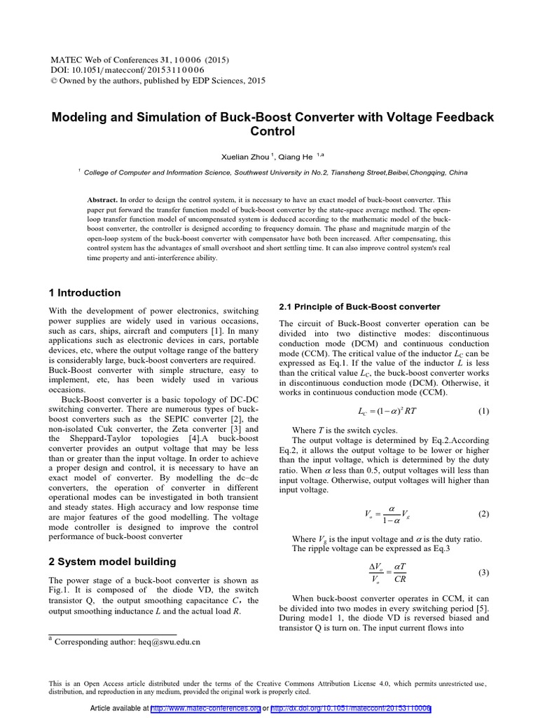 Modeling and Simulation of Buck-Boost Converter With Voltage Feedback ...