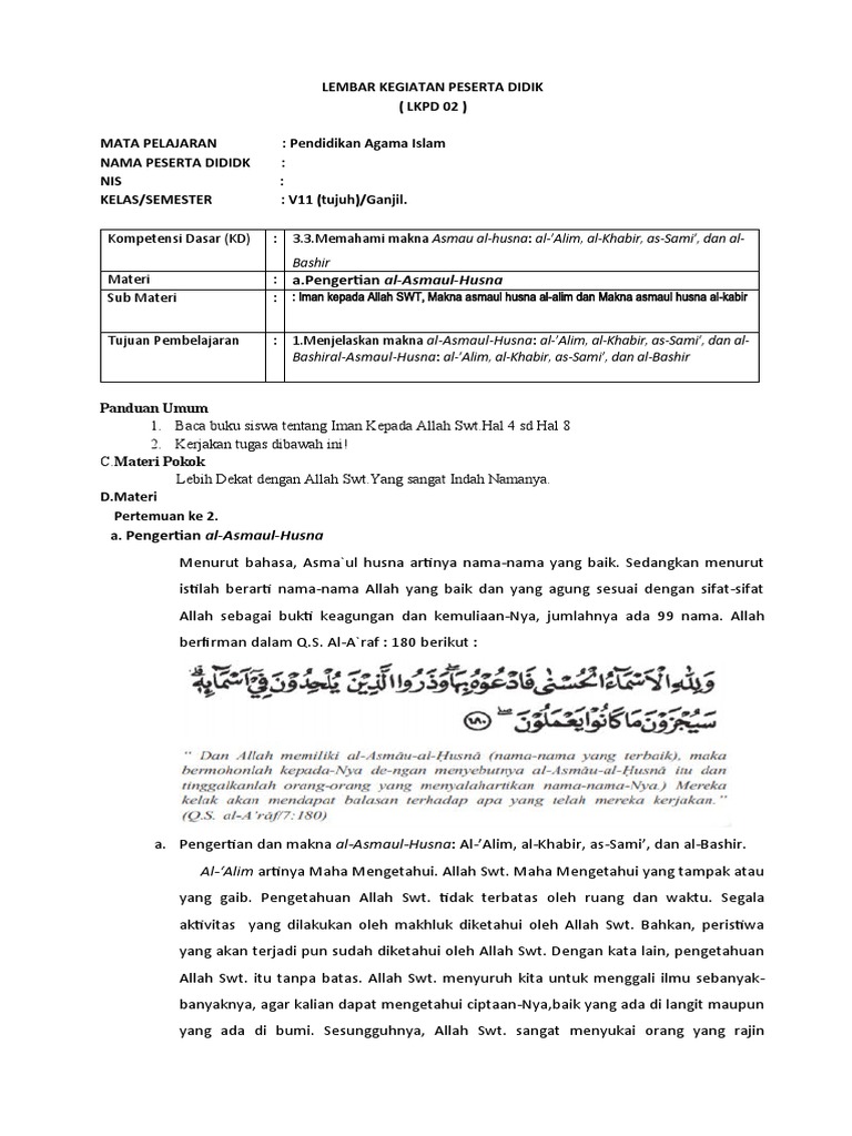 LKPD PAI Kelas 7 Pertemuan 2 | PDF