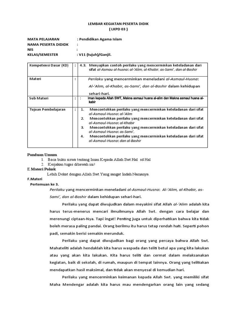LKPD PAI Kelas 7 Pertemuan 3 | PDF