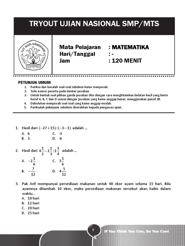 Tryout UN MTK SMP | PDF