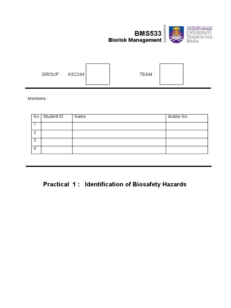 Practical 1: Identification of Biosafety Hazards: Biorisk Management ...