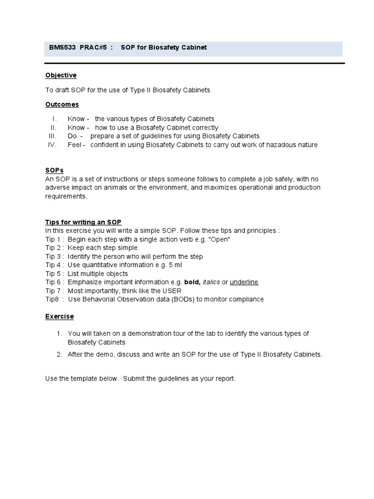 BMS533 PRAC#5: SOP For Biosafety Cabinet | PDF | Personal Protective ...