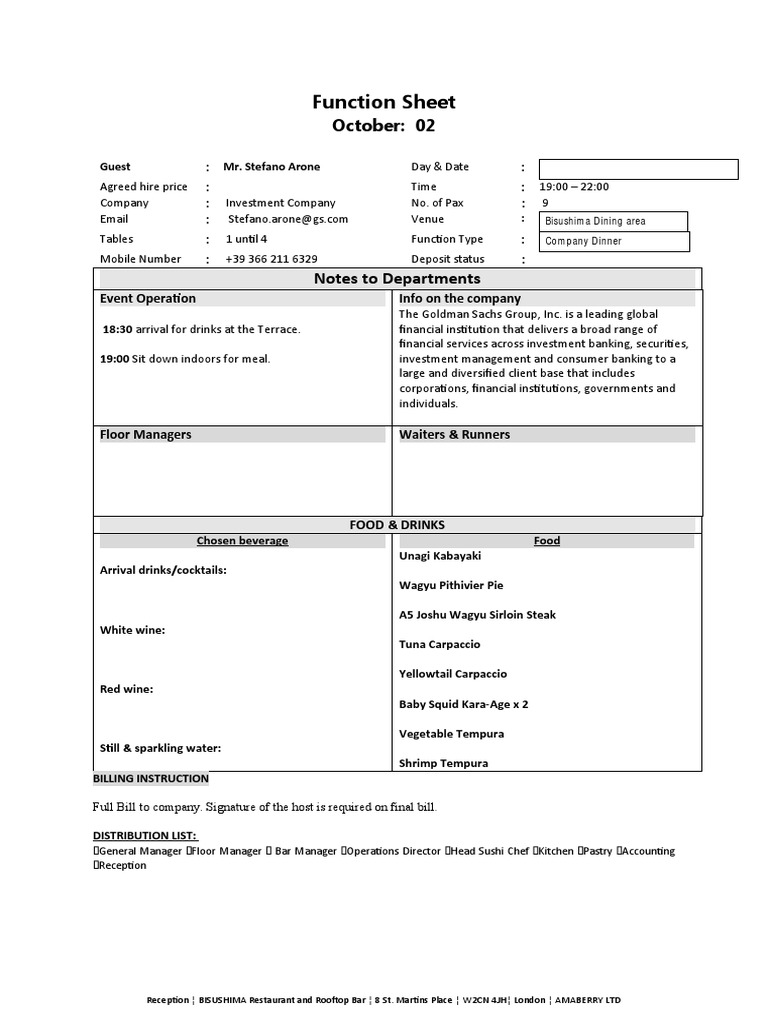 Function Sheet for Bisushima Event | PDF | Restaurants | Cuisine