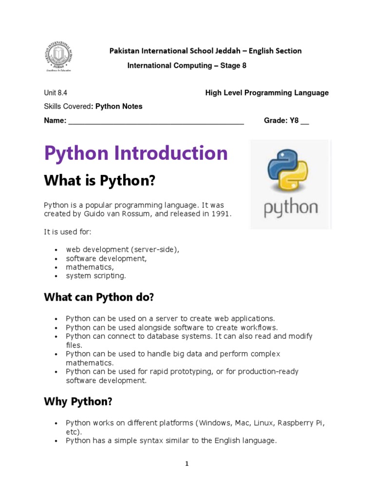 Python Notes 1 To 3 Pdf Python Programming Language Variable Computer Science