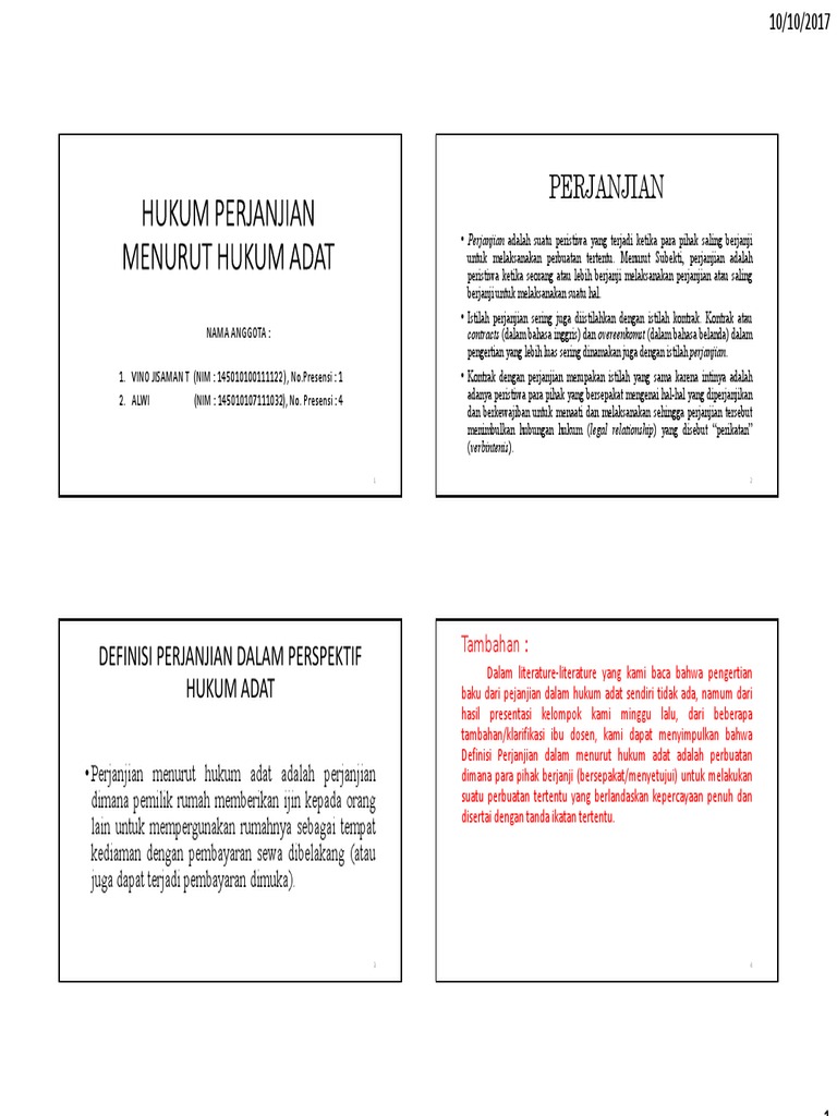 Hukum Perjanjian Menurut Hukum Adat Vino Jisaman T Dan Alwi | PDF