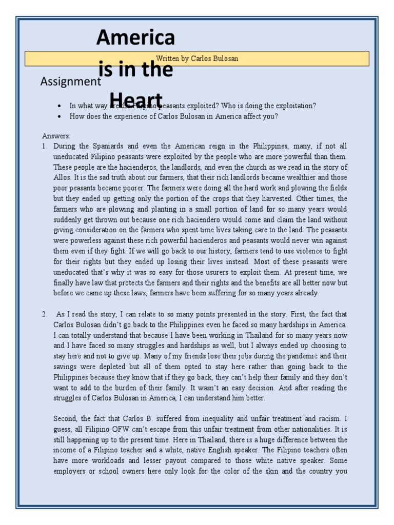 America Is in The Heart: Assignment Questions | PDF
