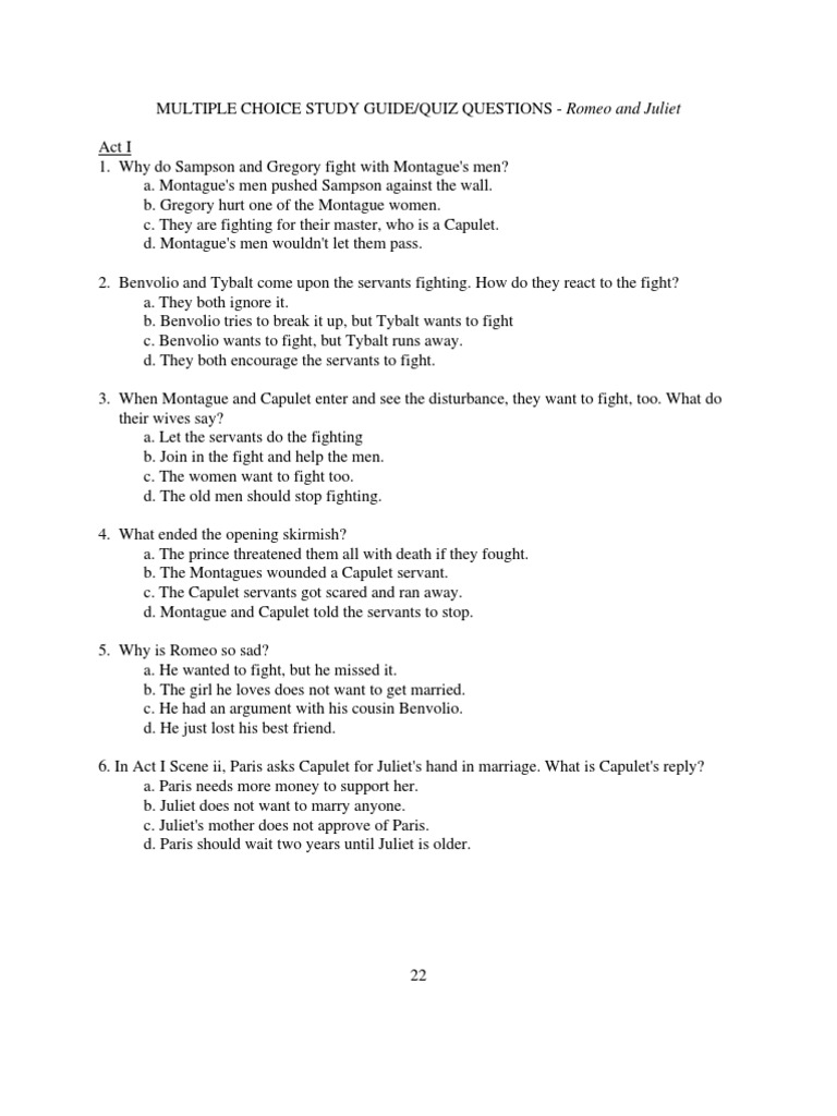 Romeo Juliet Study Questions 1 | PDF | Characters In Romeo And Juliet ...