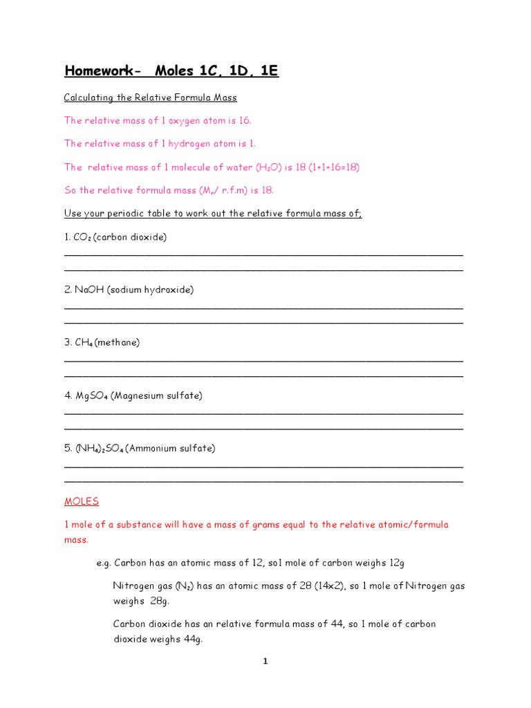 Calculating Relative Formula Mass and Moles | PDF | Mole (Unit) | Methane