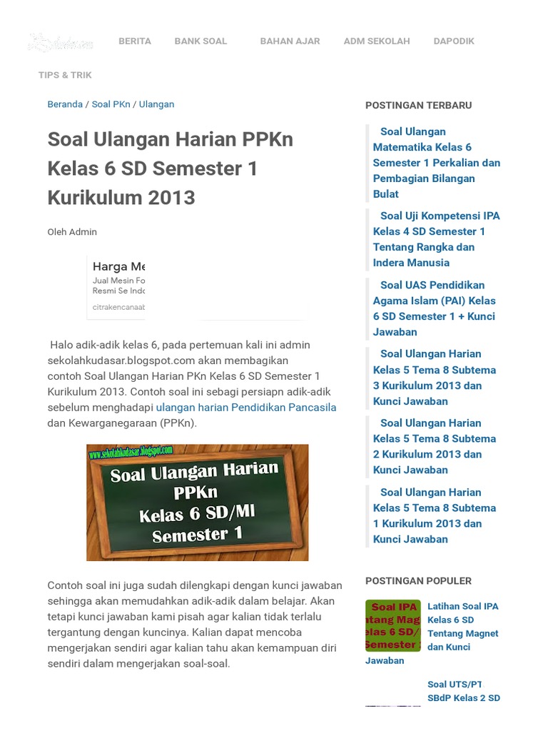 Soal Ulangan Harian PPKN Kelas 6 SD Semester 1 Kurikulum 2013 - Sekolah Dasar Tema 1 | PDF