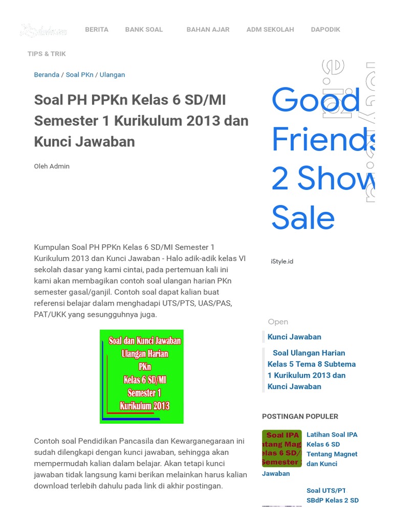 Soal PH PPKN Kelas 6 SD - MI Semester 1 Kurikulum 2013 Dan Kunci Jawaban - Tema 2 | PDF