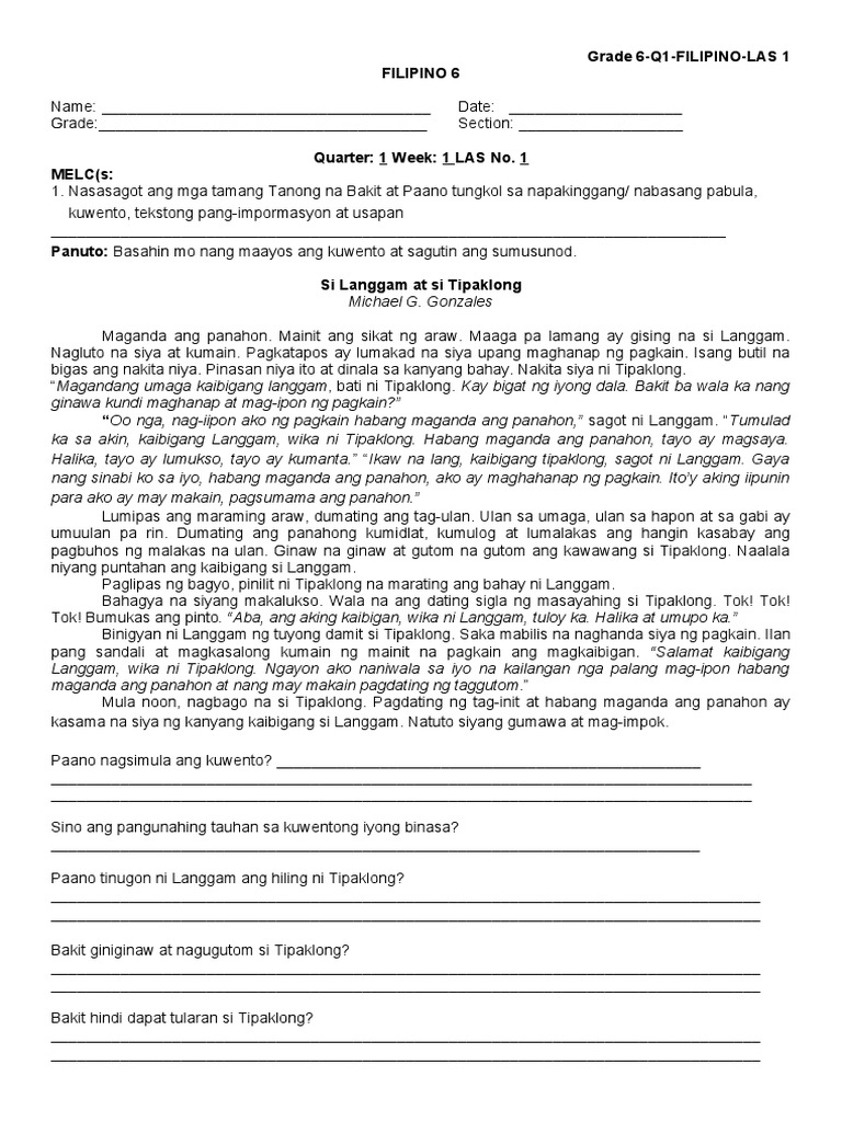 Grade 6 q1 Filipino Las 1 | PDF