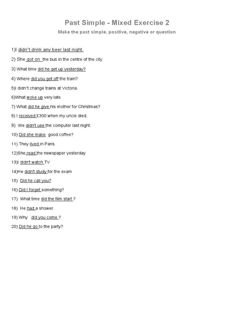 Past Simple - Mixed Exercise 2: Make The Past Simple, Positive ...