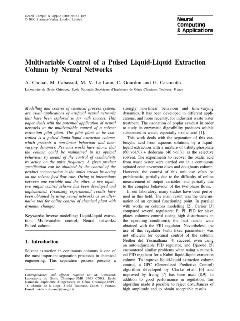 Multivariable Control of A Pulsed Liquid-Liquid Extraction Column by Neural Networks | PDF ...