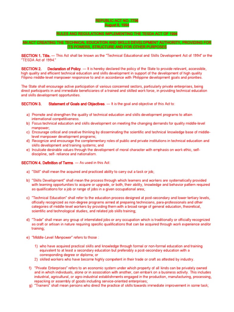 Republic Act No. 7796 | PDF | Vocational Education | Economies