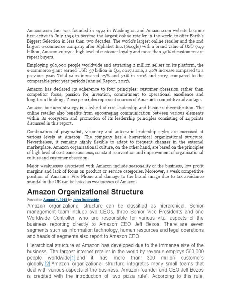 Amazon Organizational Structure: August 1, 2018 John Dudovskiy | PDF ...