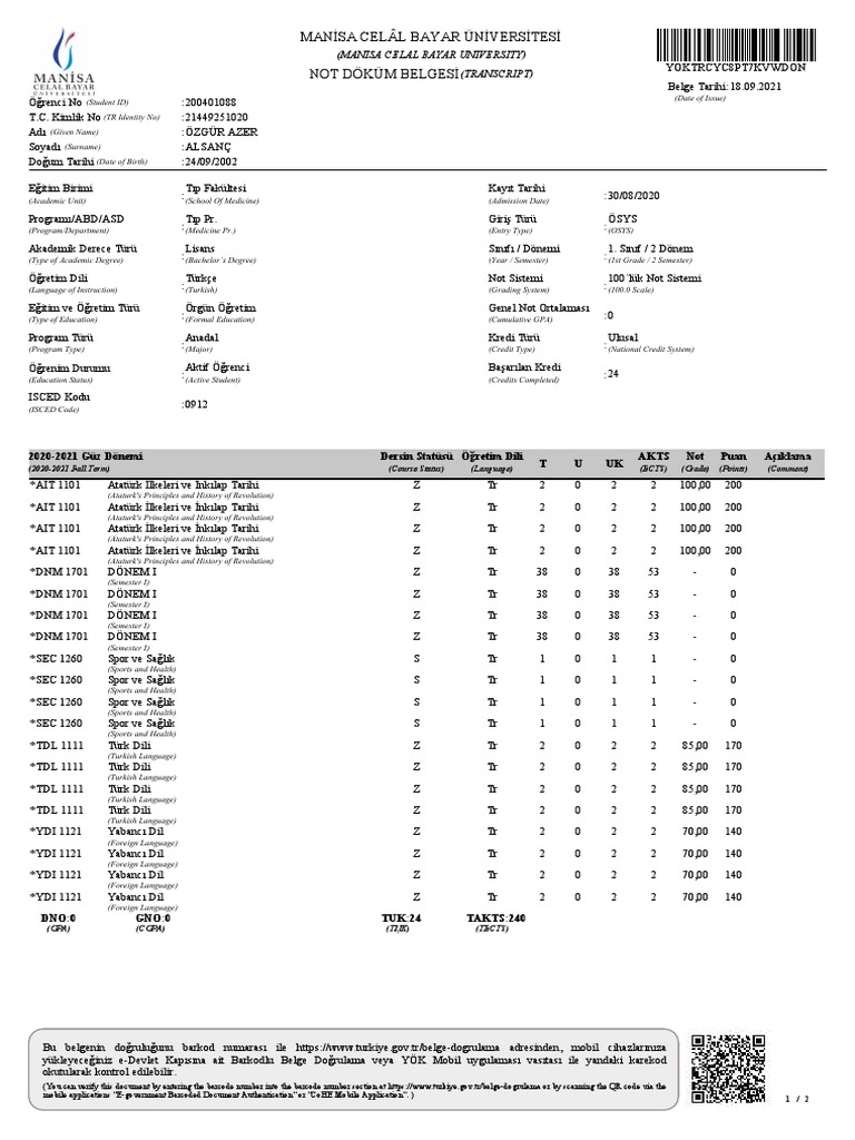 Yuksekogretim Kurulu Transkript Belgesi Sorgulama | PDF