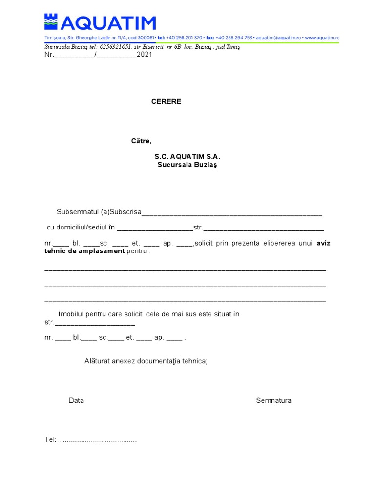 Cerere de Aviz Amplasament Aquatim | PDF