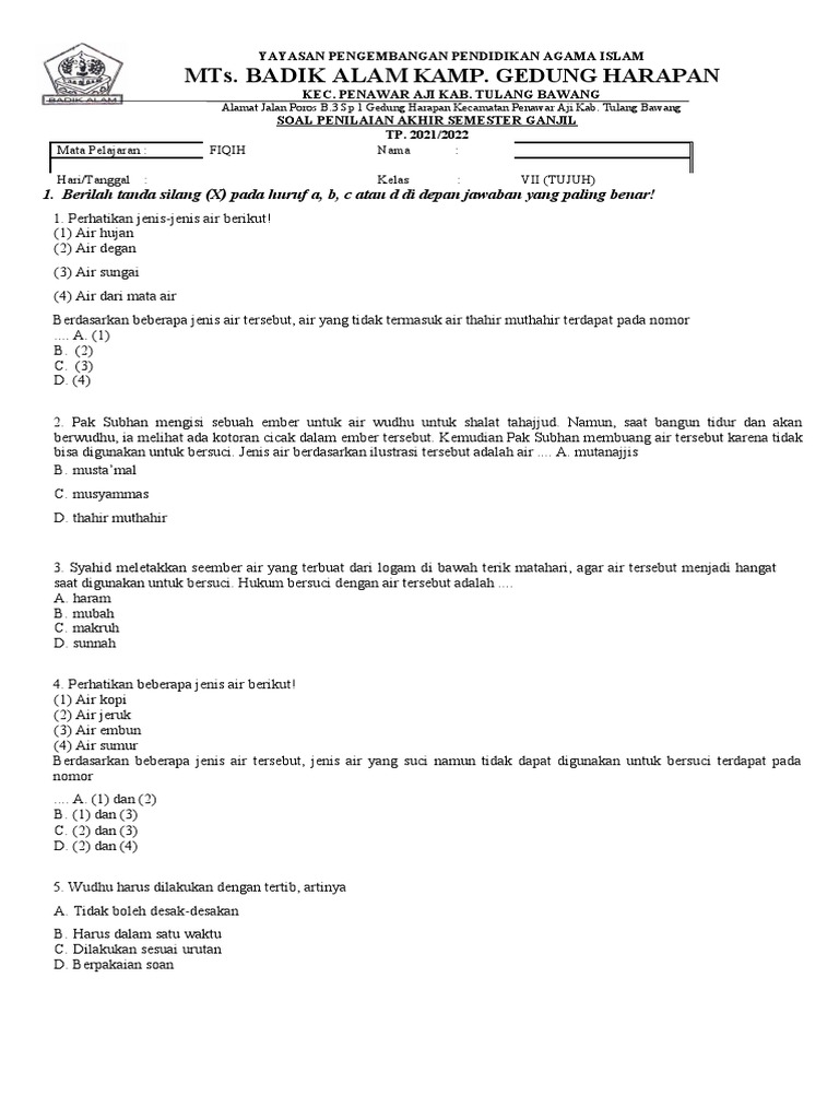 Soal Fiqih Kelas VII Semester Ganjil | PDF | Kajian Bahasa Asing