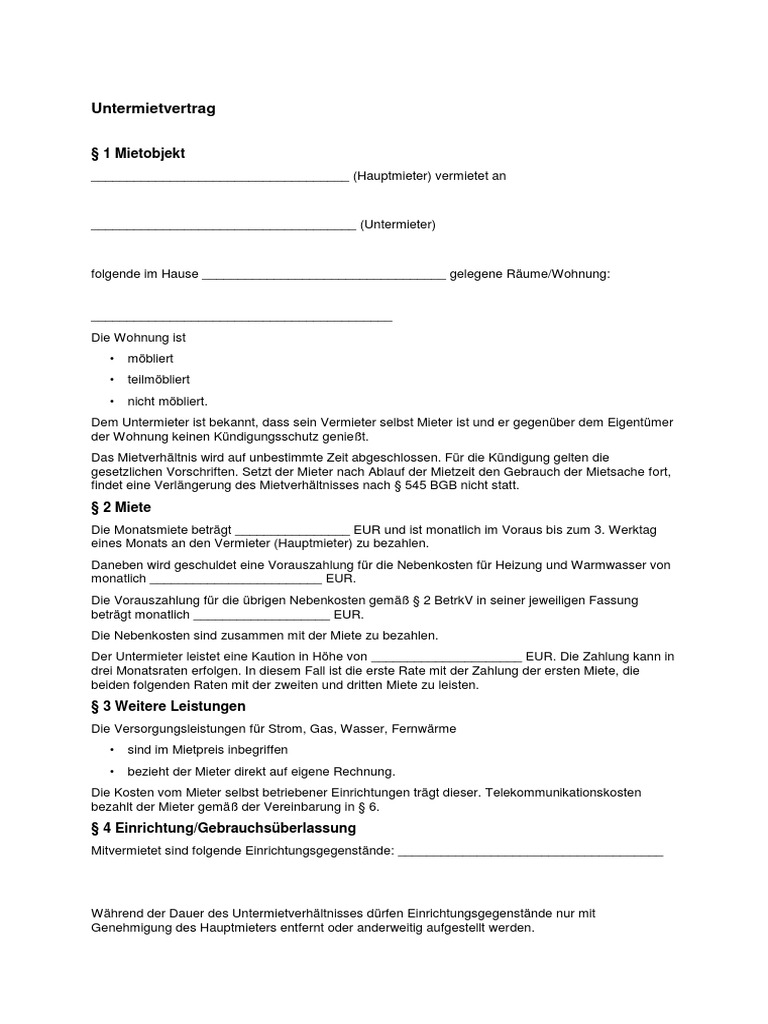 Untermietvertrag Vorlage Muster | PDF