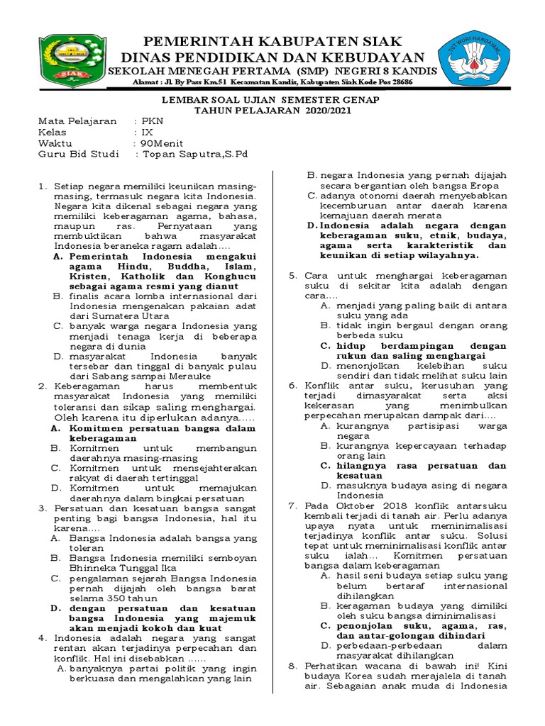 SOAL PAS GENAP PPKN KELAS 9 | PDF