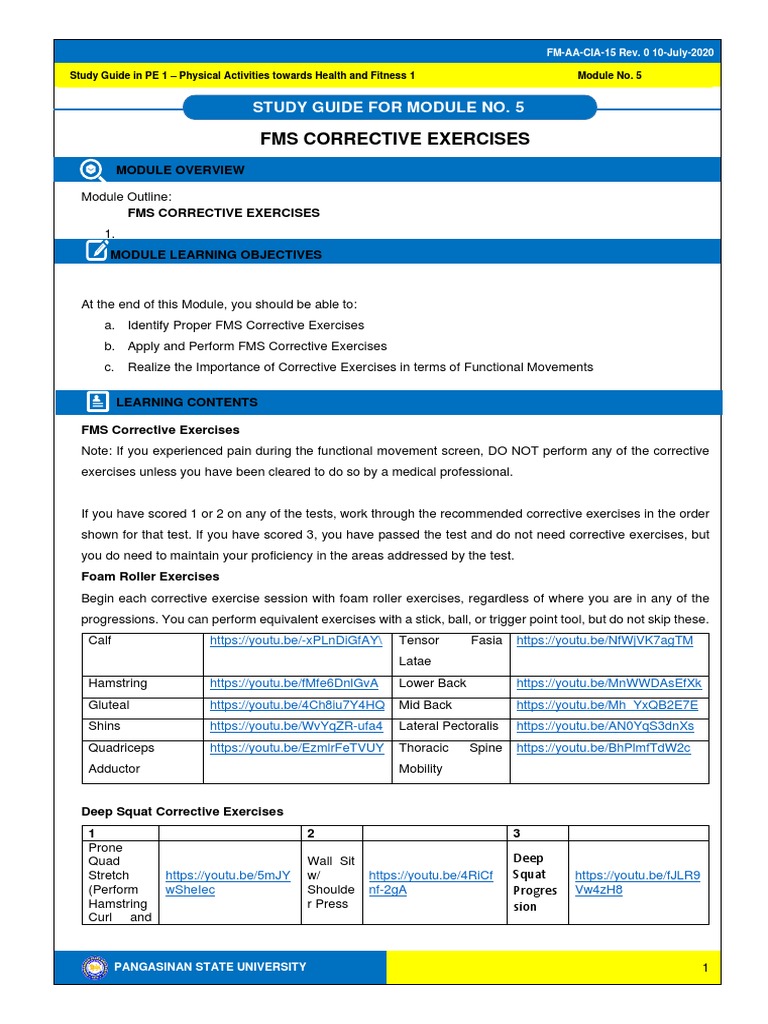 Fms Corrective Exercises: Study Guide For Module No. 5 | PDF ...