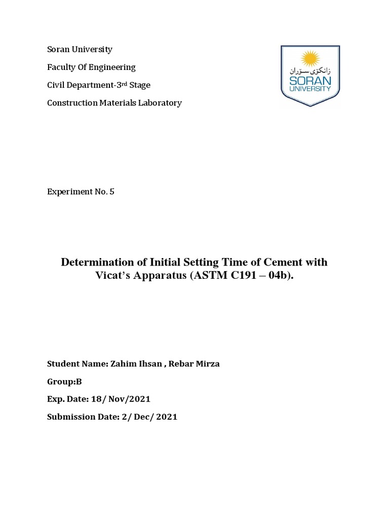 Determination of Initial Setting Time of Cement With Vicat's Apparatus ...