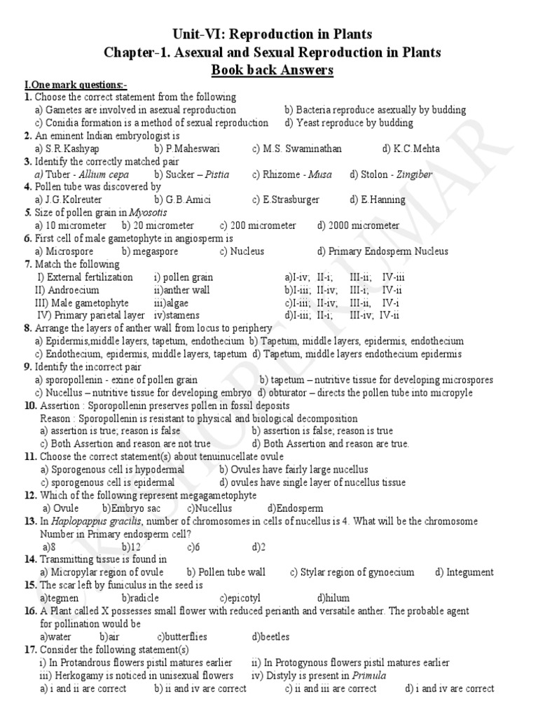 Unit-VI: Reproduction in Plants Chapter-1. Asexual and Sexual ...