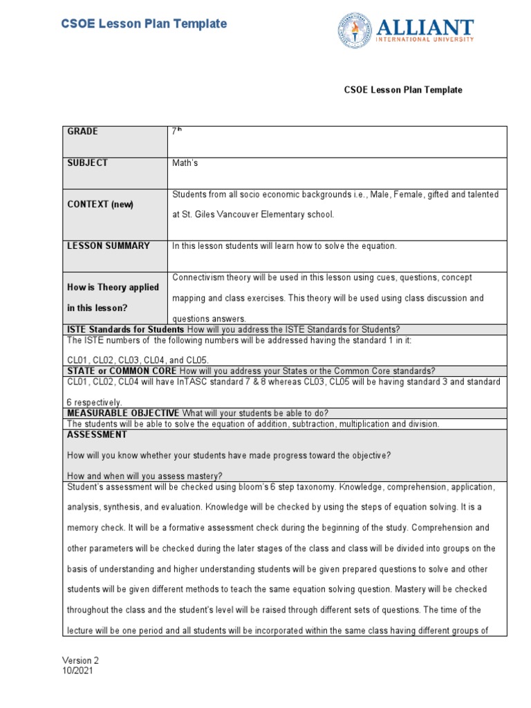 CSOE Lesson Plan Template-3 | PDF | Educational Assessment ...