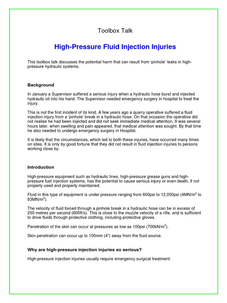 High-Pressure Fluid Injection Injuries: Toolbox Talk | PDF | Wound ...