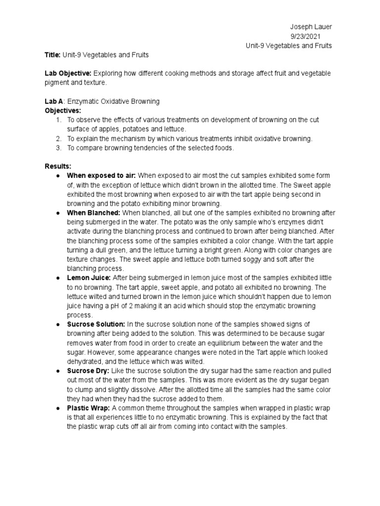 Lab 3 Fruits and Vegtables | PDF | Roasting | Sucrose