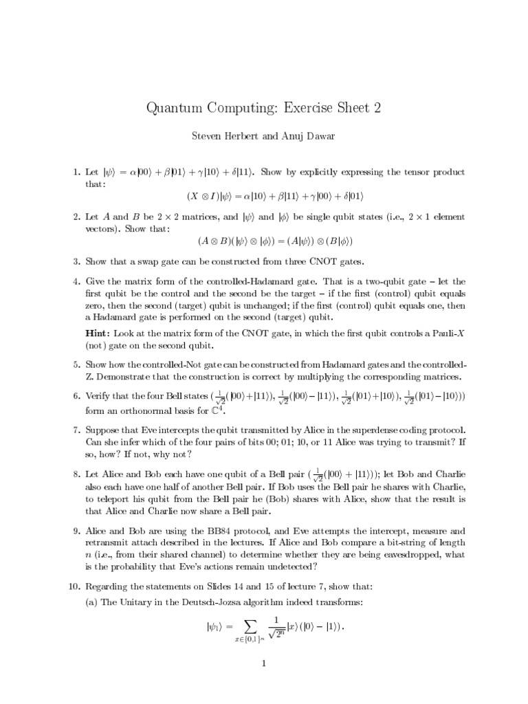 Quantum Computing: Exercise Sheet 2: Steven Herbert and Anuj Dawar ...