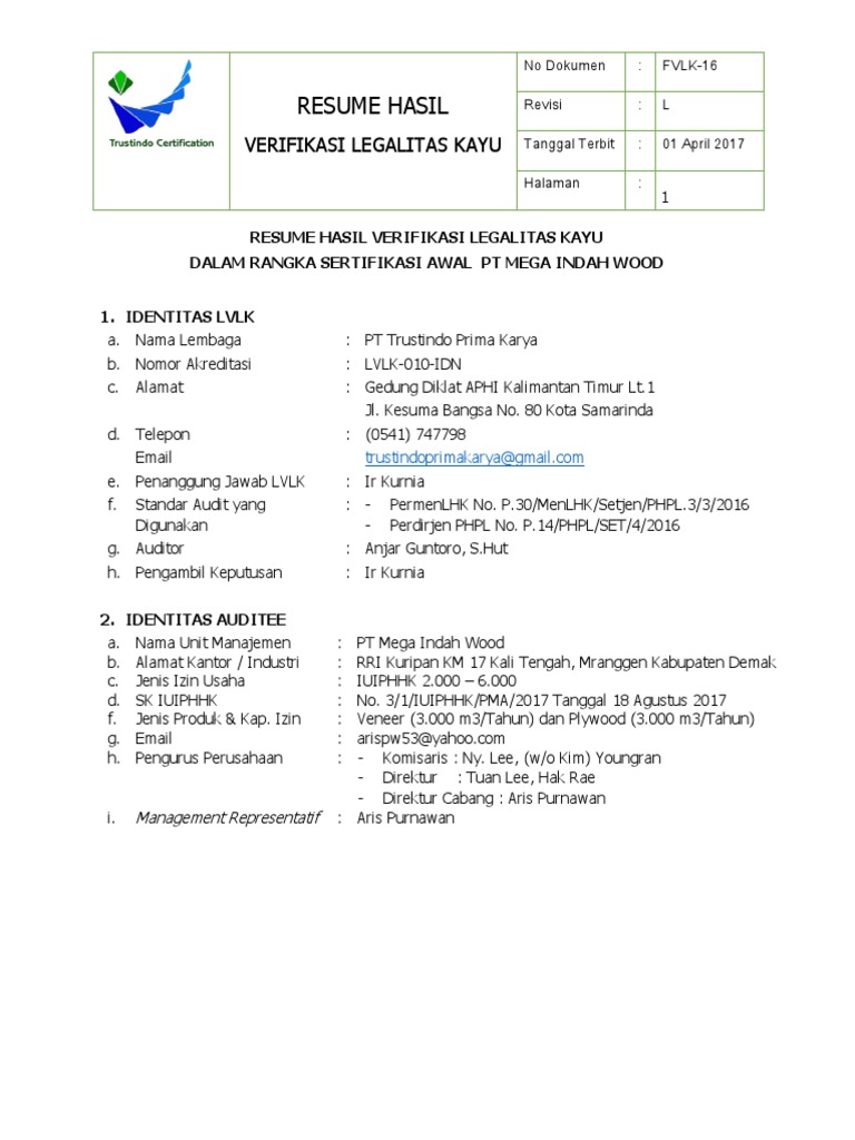 Resume Hasil Sertifikasi Awal PT Mega Indah Wood | PDF