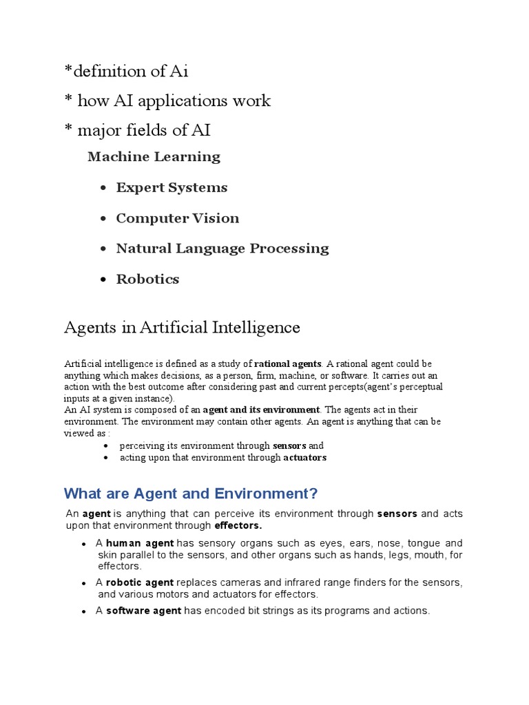 Definition of Ai How AI Applications Work Major Fields of AI | PDF ...