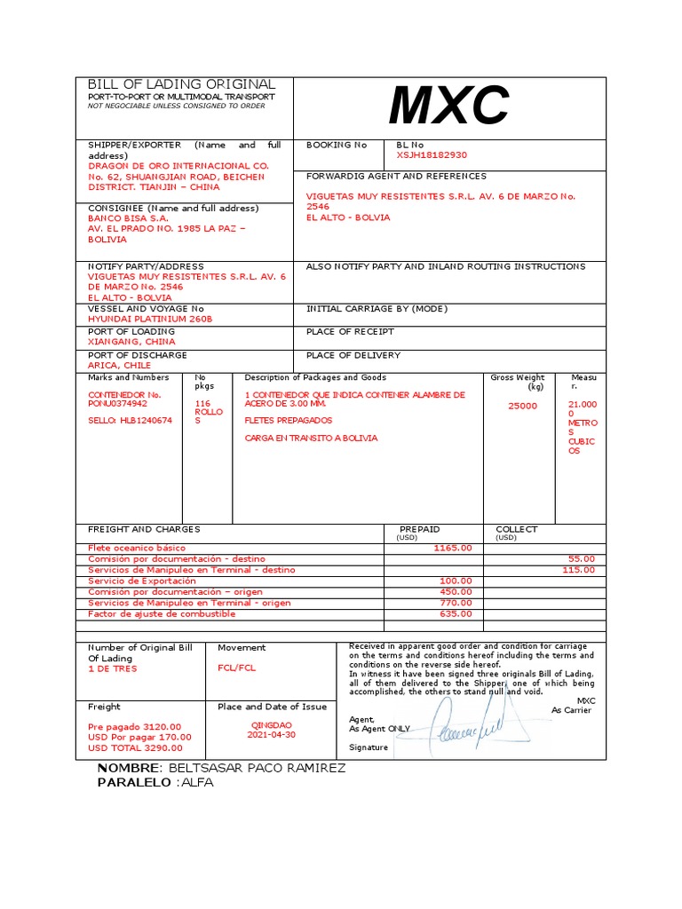 Bill of Lading Original: Nombre: Beltsasar Paco Ramirez Paralelo:Alfa ...