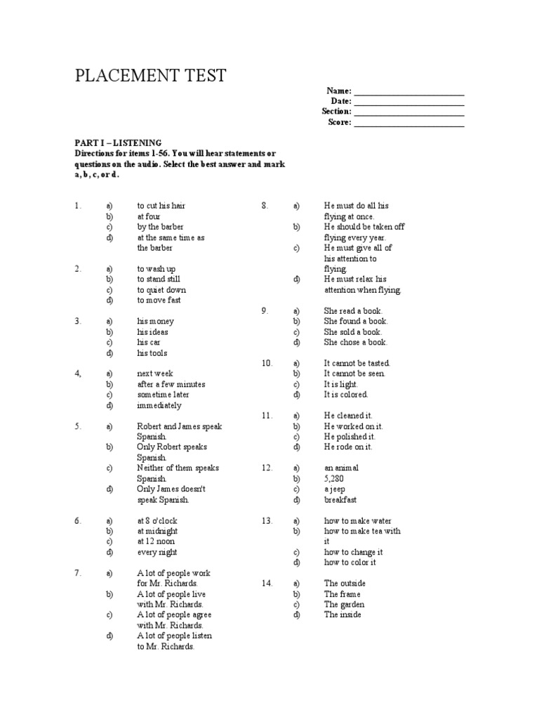 PLACEMENT TEST SCORING | PDF