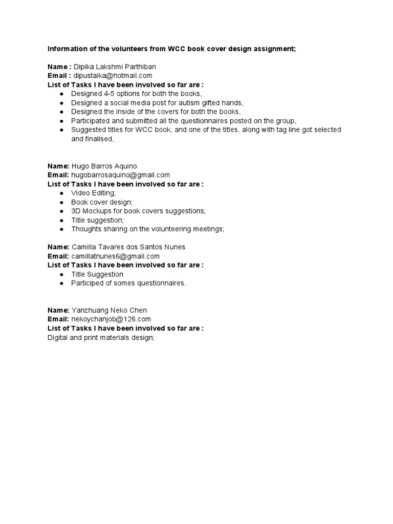 Information of The Volunteers From WCC Book Cover Design Assignment | PDF