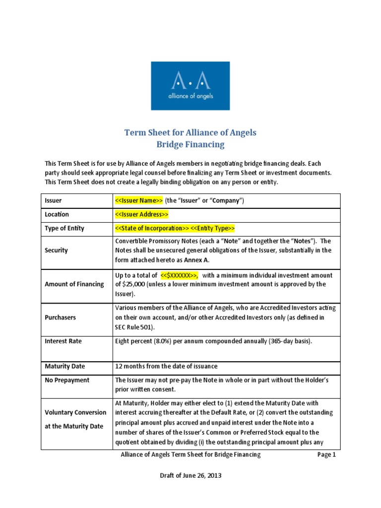 Term Sheet For Alliance of Angels Bridge Financing: Issuer Location ...