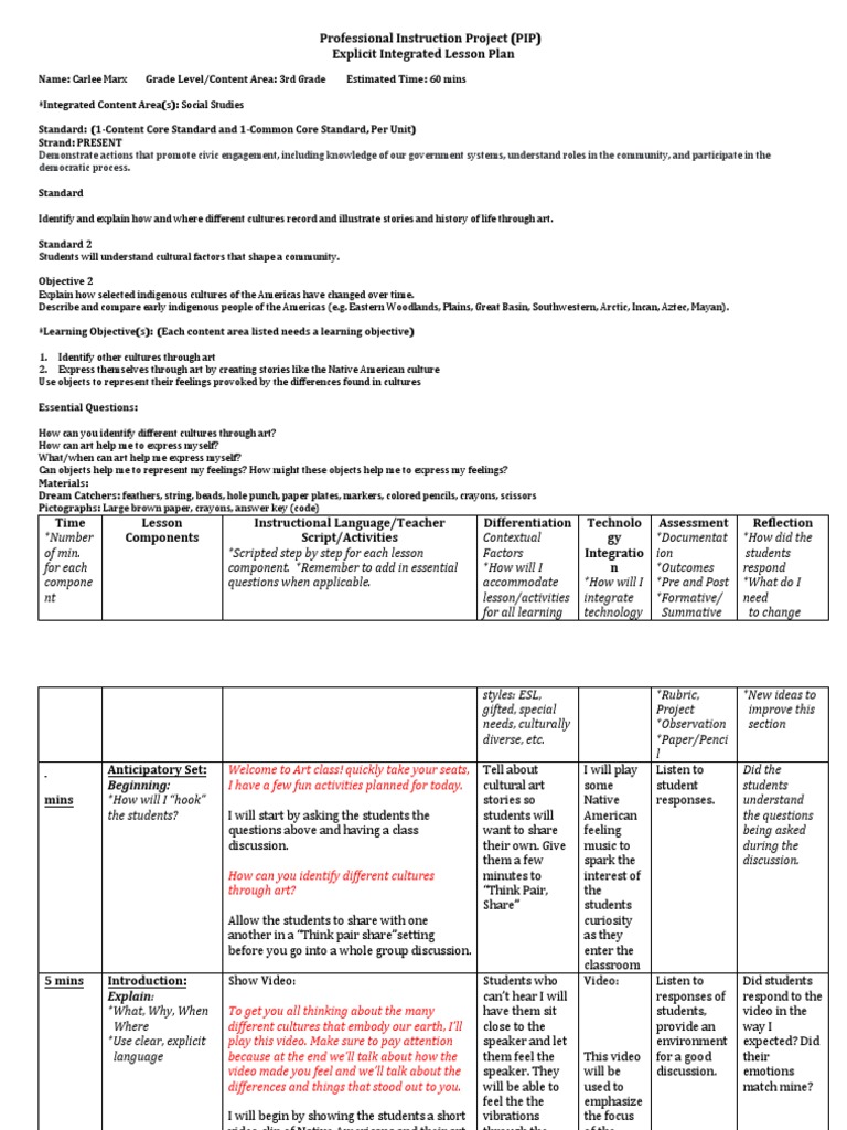 Professional Instruction Project (PIP) Explicit Integrated Lesson Plan ...
